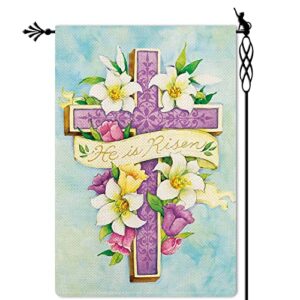 kenomi he is risen garden flag purple cross with lily garden flag neligion vertical double sided rustic farmland burlap yard lawn outdoor decor 12.5×18