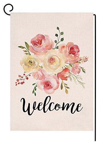 Spring Peonies Welcome Garden Flag Vertical Double Sided Burlap Yard Spring Flower Farmhouse Outdoor Decor 12.5 x 18 Inches