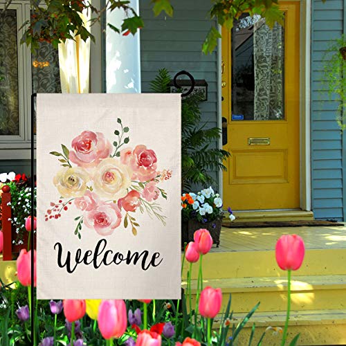 Spring Peonies Welcome Garden Flag Vertical Double Sided Burlap Yard Spring Flower Farmhouse Outdoor Decor 12.5 x 18 Inches