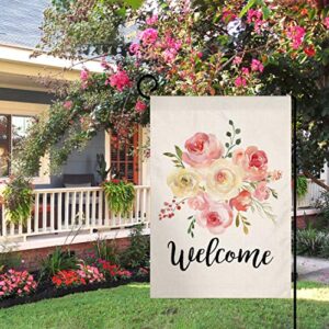 Spring Peonies Welcome Garden Flag Vertical Double Sided Burlap Yard Spring Flower Farmhouse Outdoor Decor 12.5 x 18 Inches