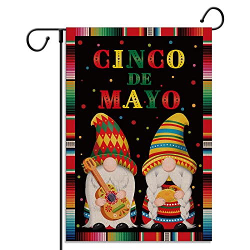 Cinco de Mayo Gnome Garden Flag Serape Guita Mexican Fiesta Themed Party Vertical Double Sized Yard Outdoor Decoration