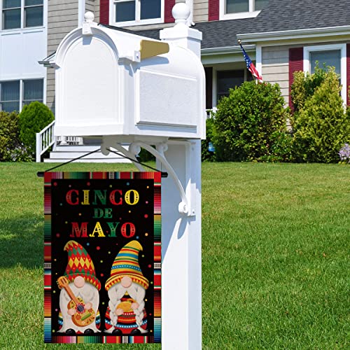 Cinco de Mayo Gnome Garden Flag Serape Guita Mexican Fiesta Themed Party Vertical Double Sized Yard Outdoor Decoration