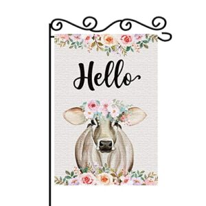 hello linen garden flag, cow wreath pattern garden flag, farm animals pasture summer rural wildlife beef nature bovine bull cattle seasonal garden flags for patio lawn outdoor home decor gift 12 x 18 inch