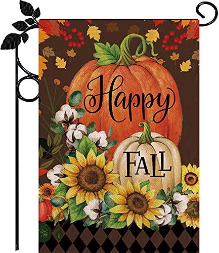 Happy Fall Garden Flag Burlap Autumn Vertical Double Sided Fall Thanksgiving Pumpkin Garden Flag Yard Outdoor Decoration 12.5 X 18 Inch