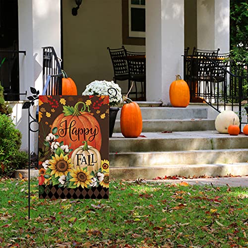 Happy Fall Garden Flag Burlap Autumn Vertical Double Sided Fall Thanksgiving Pumpkin Garden Flag Yard Outdoor Decoration 12.5 X 18 Inch