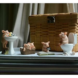 Aclema Pig Decor Figurines Miniature Fairy Garden Kitchen Resin Collections for Terrarium Micro Landscape Pig Brush Teeth