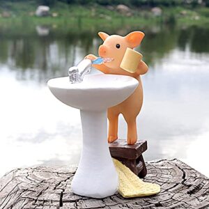 Aclema Pig Decor Figurines Miniature Fairy Garden Kitchen Resin Collections for Terrarium Micro Landscape Pig Brush Teeth