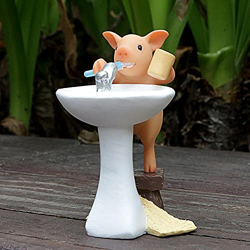 Aclema Pig Decor Figurines Miniature Fairy Garden Kitchen Resin Collections for Terrarium Micro Landscape Pig Brush Teeth