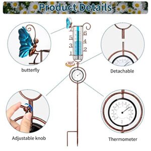 VANCORE 32 Inch Rain Gauge Outdoor with Waterproof Thermometer, 7 Inch Rain Guage Easy to Read, Detachable Rustproof Metal Frame with Replacement Glass Tube, Butterfly Decor for Yard & Garden