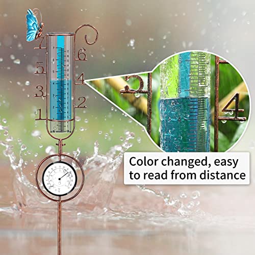 VANCORE 32 Inch Rain Gauge Outdoor with Waterproof Thermometer, 7 Inch Rain Guage Easy to Read, Detachable Rustproof Metal Frame with Replacement Glass Tube, Butterfly Decor for Yard & Garden