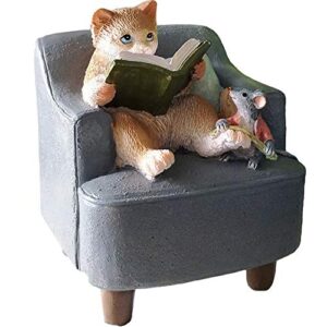 amusing mini cat reading statue figurine ornament home garden lawn decor for bookshelf flowerpot