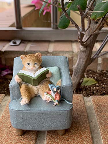 Amusing Mini Cat Reading Statue Figurine Ornament Home Garden Lawn Decor for Bookshelf Flowerpot