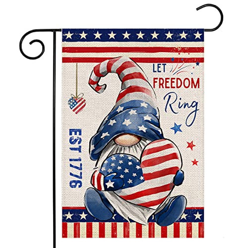 Patriotic Gnome Garden flag for 4th of July 12x18 Double Sided,American Gnome with Love Heart Small Yard Flags for Independence Day Memorial Day Decor for Summer Farmhouse Holiday Outside Outdoor