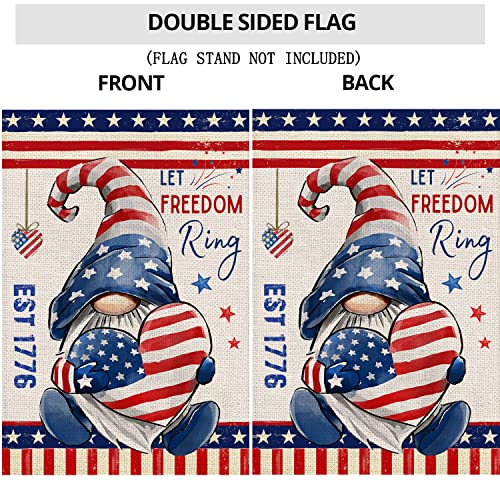 Patriotic Gnome Garden flag for 4th of July 12x18 Double Sided,American Gnome with Love Heart Small Yard Flags for Independence Day Memorial Day Decor for Summer Farmhouse Holiday Outside Outdoor