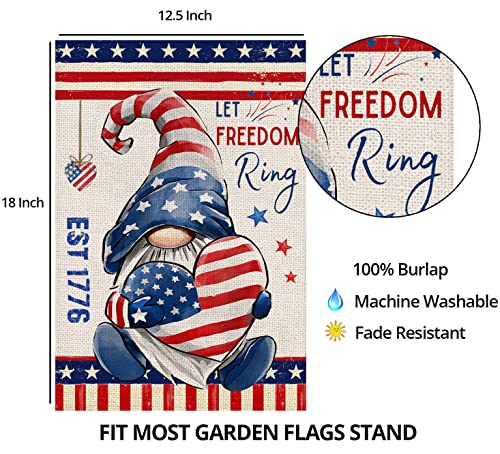 Patriotic Gnome Garden flag for 4th of July 12x18 Double Sided,American Gnome with Love Heart Small Yard Flags for Independence Day Memorial Day Decor for Summer Farmhouse Holiday Outside Outdoor