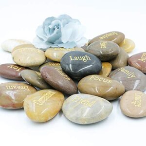 25 Engraved Inspirational Stones with Words of Encouragement – Gold Engraved Stones for Worry Stones, Affirmation Stones, Meditation Stones, Gift Rocks with Inspirational Words of Prayer, Velvet Bag