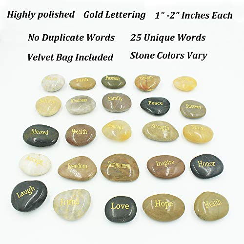 25 Engraved Inspirational Stones with Words of Encouragement – Gold Engraved Stones for Worry Stones, Affirmation Stones, Meditation Stones, Gift Rocks with Inspirational Words of Prayer, Velvet Bag