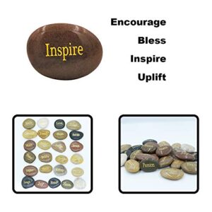 25 Engraved Inspirational Stones with Words of Encouragement – Gold Engraved Stones for Worry Stones, Affirmation Stones, Meditation Stones, Gift Rocks with Inspirational Words of Prayer, Velvet Bag