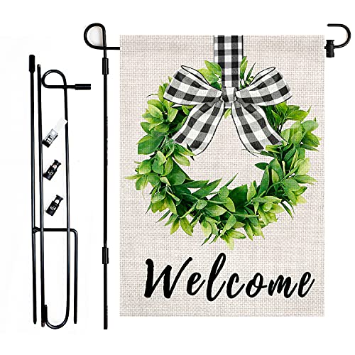 XIFAN Welcome Garden Flag with Holder Stand Set, Heavyweight Burlap Boxwood Wreath Flag Double Sided Small 12.5 x 18 Inch & Black Garden Flag Holder, Spring Yard Farmhouse Outdoor Decoration