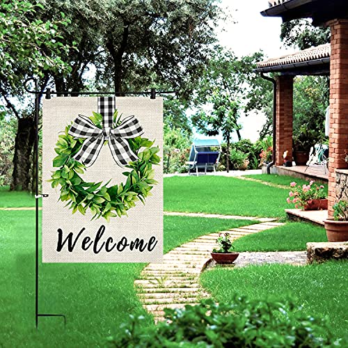 XIFAN Welcome Garden Flag with Holder Stand Set, Heavyweight Burlap Boxwood Wreath Flag Double Sided Small 12.5 x 18 Inch & Black Garden Flag Holder, Spring Yard Farmhouse Outdoor Decoration