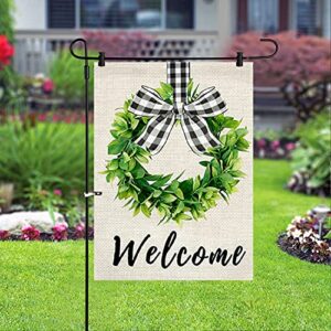 XIFAN Welcome Garden Flag with Holder Stand Set, Heavyweight Burlap Boxwood Wreath Flag Double Sided Small 12.5 x 18 Inch & Black Garden Flag Holder, Spring Yard Farmhouse Outdoor Decoration