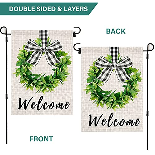 XIFAN Welcome Garden Flag with Holder Stand Set, Heavyweight Burlap Boxwood Wreath Flag Double Sided Small 12.5 x 18 Inch & Black Garden Flag Holder, Spring Yard Farmhouse Outdoor Decoration