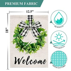 XIFAN Welcome Garden Flag with Holder Stand Set, Heavyweight Burlap Boxwood Wreath Flag Double Sided Small 12.5 x 18 Inch & Black Garden Flag Holder, Spring Yard Farmhouse Outdoor Decoration