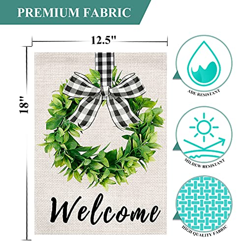 XIFAN Welcome Garden Flag with Holder Stand Set, Heavyweight Burlap Boxwood Wreath Flag Double Sided Small 12.5 x 18 Inch & Black Garden Flag Holder, Spring Yard Farmhouse Outdoor Decoration