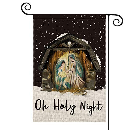 AVOIN Oh Holy Night Garden Flag Vertical Double Sided, Christmas Winter Holiday Log Cabin Christian Yard Outdoor Decoration 12.5 x 18 Inch