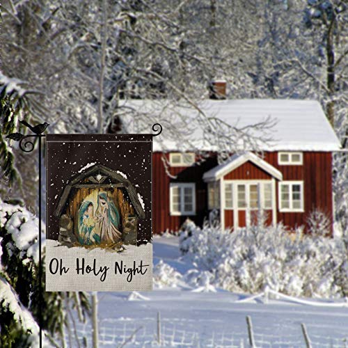 AVOIN Oh Holy Night Garden Flag Vertical Double Sided, Christmas Winter Holiday Log Cabin Christian Yard Outdoor Decoration 12.5 x 18 Inch