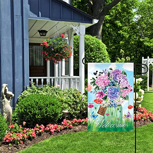 Morigins Welcome Spring Mason Jar Double Sided Garden Flag Floral Butterfly 12.5 x 18 Inch