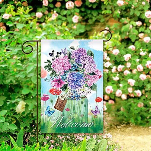 Morigins Welcome Spring Mason Jar Double Sided Garden Flag Floral Butterfly 12.5 x 18 Inch