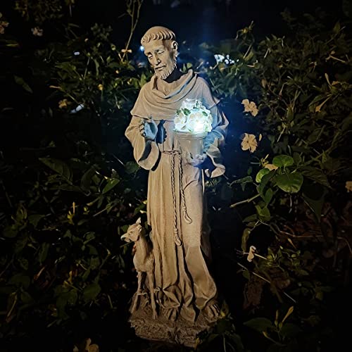 CHRUI St Francis Garden Statues, Solar 20 Inch Saint Francis of Assisi Catholic Christian Yard Decor Lawn Garden Patio Outdoor Sculptures Garden Art Decorations