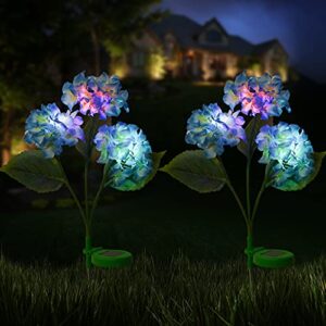 outdoor solar lights, doingart 2 pack hydrangea solar garden lights with 3 hydrangea flowers, waterproof realistic and muti-color change outdoor lights for garden lawn backyard decoration (blue)