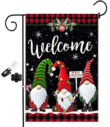 Merry Christmas Garden Flag 12x18 Double Sided,Holiday Winter Garden Flag,Gnomes Welcome Yard Flags for Outside, Yard Decorations Outdoor Buffalo Plaid (Christmas)