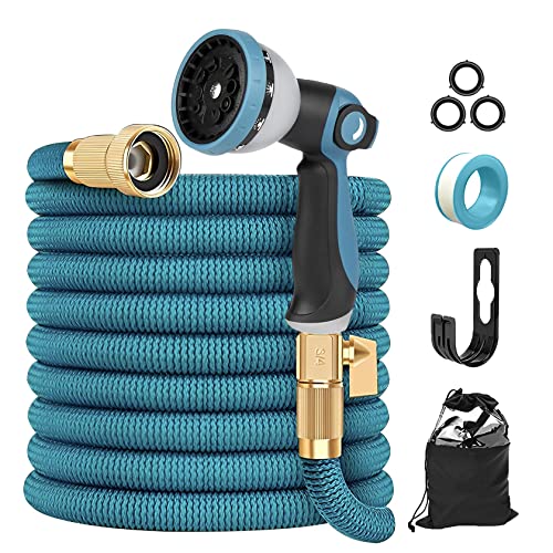 Garden Hose 25-100ft, Flexible Retractable Hose with 10 Function Spray Nozzle,4 Layer Latex and 3/4" Solid Brass Connectors,Zinc alloy material Lightweight No-Kink Flexible Water Hose (50FT)