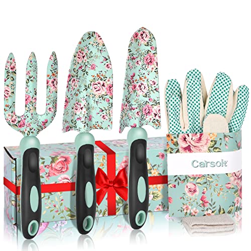 Garden Tools Set, Carsolt 4 Pcs Heavy Duty Floral Gardening Tools Kit with Non-Slip Rubber Handle, Special Gardening Gifts for Women Birthday Box (Green)