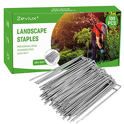 Landscape Staples Zevlux Garden Staples 4 Inch 100 Pcs Galvanized Heavy-Duty Sod Pins Anti-Rust Fence Stakes for Weed Barrier Fabric, Ground Cover, Irrigation Tubing, 12 Gauge, 100 Pcs