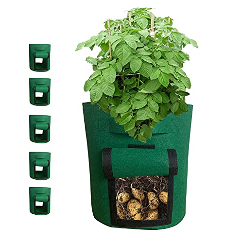 10 Gallon Grow Bags, 5Pack Potato Grow Bags with 2 Side Windows, Breathable Nonwoven Plant Bags with 2 Sturdy Handles, Garden Bags to Grow Vegetables Flower Fruit, Tomato Chili Onions Corn Etc (Green)