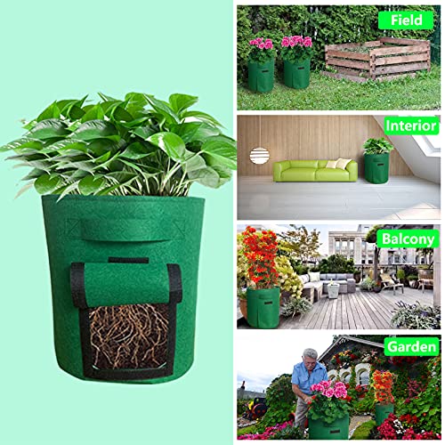 10 Gallon Grow Bags, 5Pack Potato Grow Bags with 2 Side Windows, Breathable Nonwoven Plant Bags with 2 Sturdy Handles, Garden Bags to Grow Vegetables Flower Fruit, Tomato Chili Onions Corn Etc (Green)