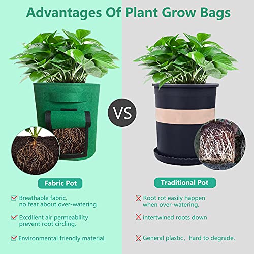 10 Gallon Grow Bags, 5Pack Potato Grow Bags with 2 Side Windows, Breathable Nonwoven Plant Bags with 2 Sturdy Handles, Garden Bags to Grow Vegetables Flower Fruit, Tomato Chili Onions Corn Etc (Green)