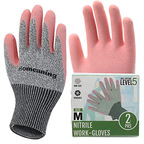 HOMEANING Gardening Gloves for Women and Men, Nitrile & Rubber Coated Protective Gloves, Garden Gloves Thorn Proof, Outdoor Work Gloves, Blue, Green, Grey, Pink (Medium, Rubber- 2 Pairs- Pink)