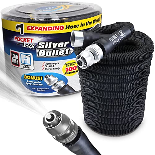 Pocket Hose Silver Bullet 50 ft Turbo Shot Nozzle Multiple Spray Patterns Expandable Garden Hose 3/4 in Solid Aluminum Fittings Lead-Free Lightweight and No-Kink