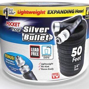 Pocket Hose Silver Bullet 50 ft Turbo Shot Nozzle Multiple Spray Patterns Expandable Garden Hose 3/4 in Solid Aluminum Fittings Lead-Free Lightweight and No-Kink