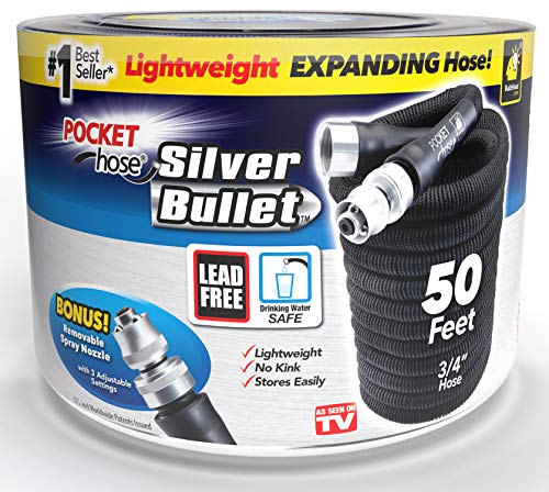 Pocket Hose Silver Bullet 50 ft Turbo Shot Nozzle Multiple Spray Patterns Expandable Garden Hose 3/4 in Solid Aluminum Fittings Lead-Free Lightweight and No-Kink