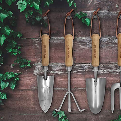 WORKPRO Garden Tools Set, 7 Piece, Stainless Steel Heavy Duty Gardening Tools with Wooden Handle, Including Garden Tote, Gloves, Trowel, Hand Weeder, Cultivator and More-Gardening Gifts For Women Men