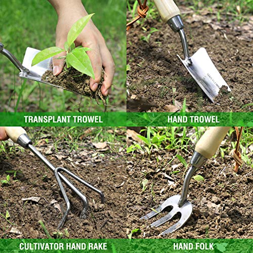 WORKPRO Garden Tools Set, 7 Piece, Stainless Steel Heavy Duty Gardening Tools with Wooden Handle, Including Garden Tote, Gloves, Trowel, Hand Weeder, Cultivator and More-Gardening Gifts For Women Men