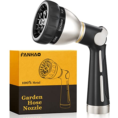 FANHAO Garden Hose Nozzle 100% Heavy Duty Metal, Water Hose Sprayer High Pressure with 8 Spray Patterns, Thumb Control, On Off Valve for Garden Watering, Car and Pet Washing