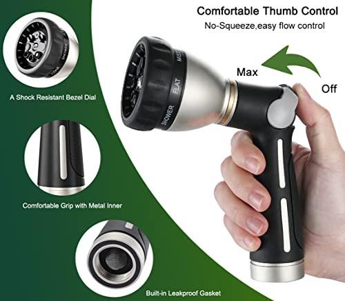 FANHAO Garden Hose Nozzle 100% Heavy Duty Metal, Water Hose Sprayer High Pressure with 8 Spray Patterns, Thumb Control, On Off Valve for Garden Watering, Car and Pet Washing