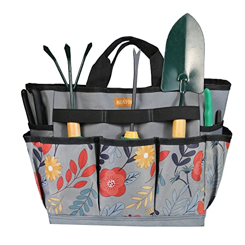 MDSTOP Garden Tool Bag, Garden Tool Kit Holder Home Organizer Storage Carrier, Oxford Garden Hand Tool Storage Tote Organizer with Handle and 8 Roomy Pockets, Floral Gardening Gift, Tools Not Included